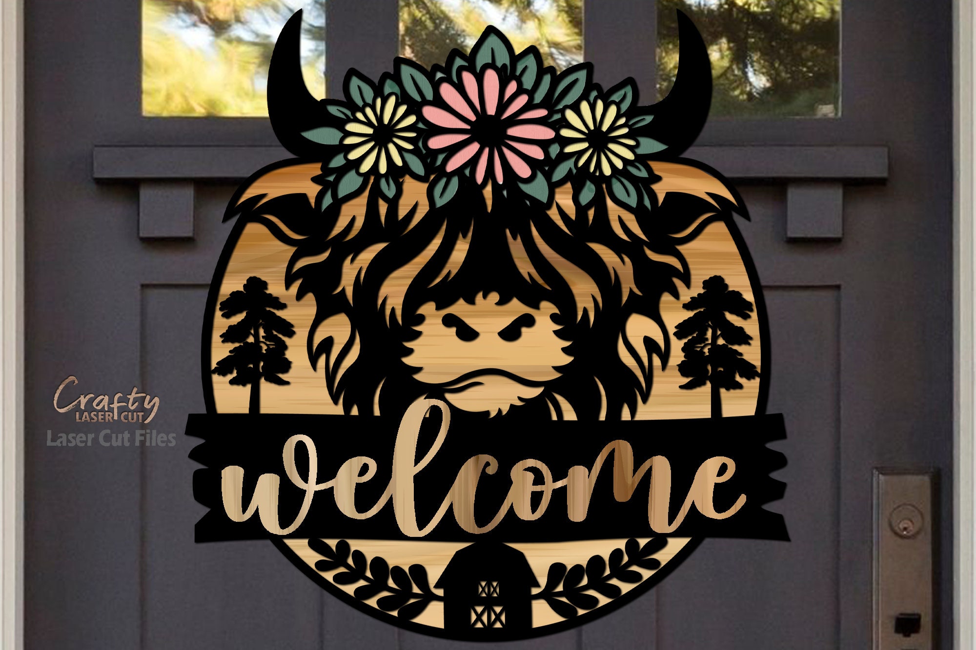 Highland Cow Door Hanger Svg Laser Cut Files Daisy Svg Etsy
