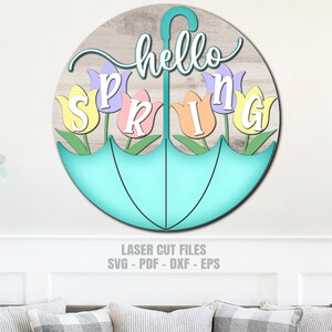 Umbrella Hello Spring Door Hanger SVG Laser Cut Files, Tulip Floral ...