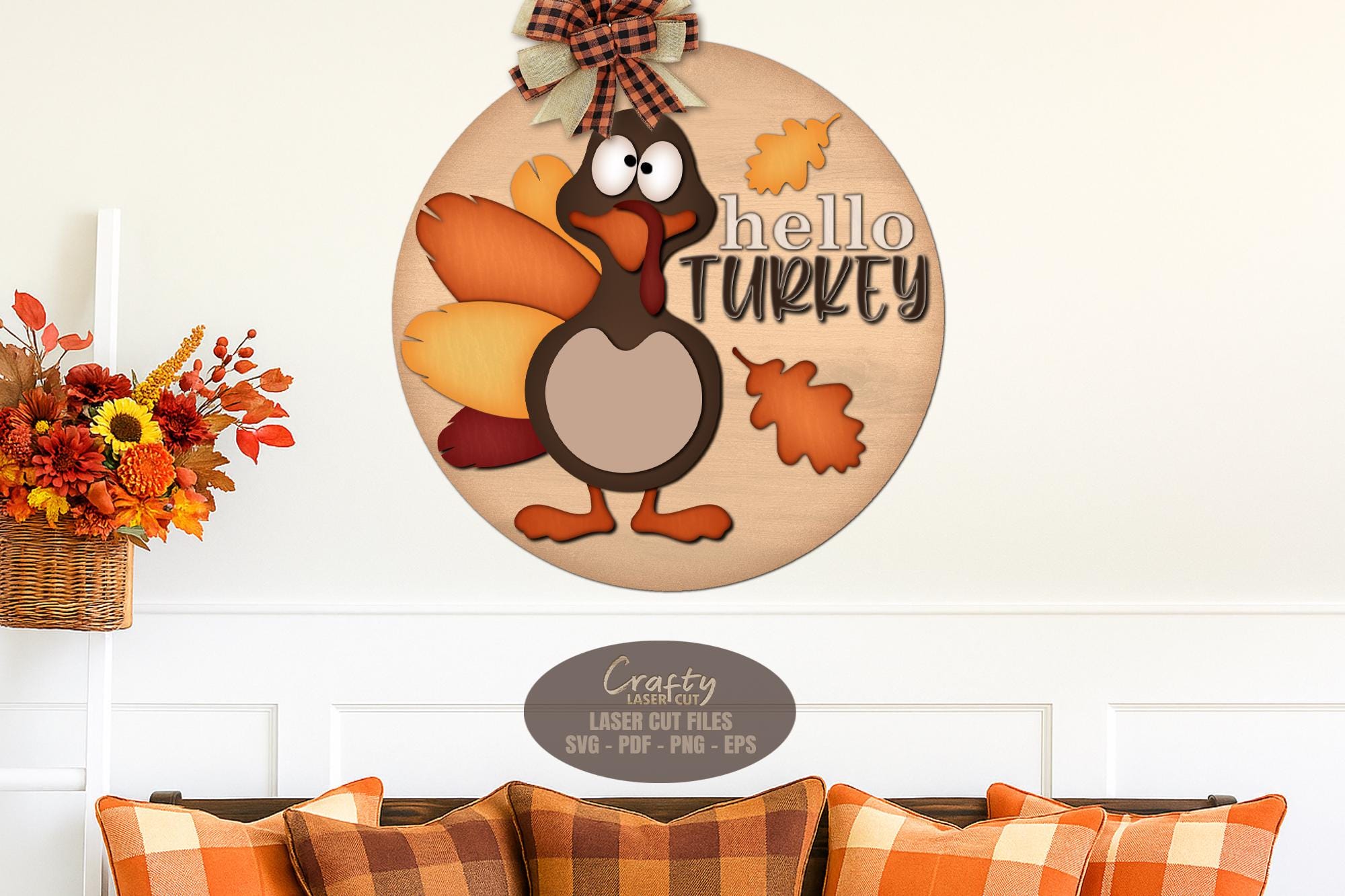 Hello Turkey Door Hanger SVG Laser Cut Files, Fall Thanksgiving Welcome ...