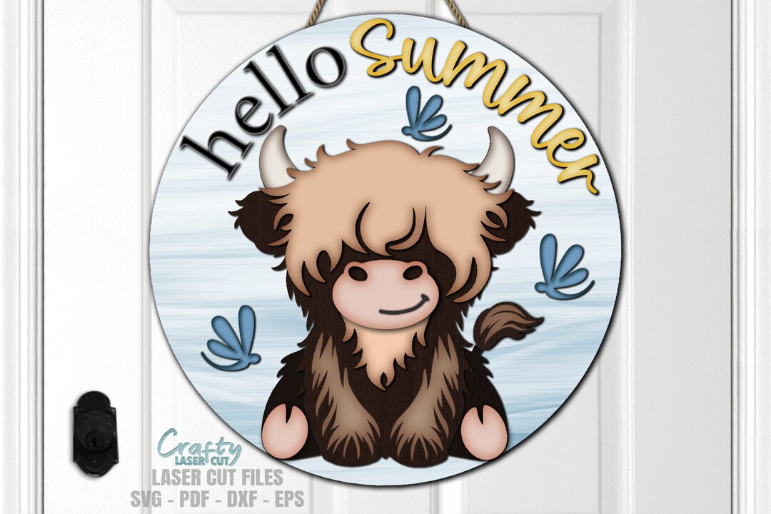Highland Cow Door Hanger SVG - Hello Summer SVG - Laser Cut Files ...