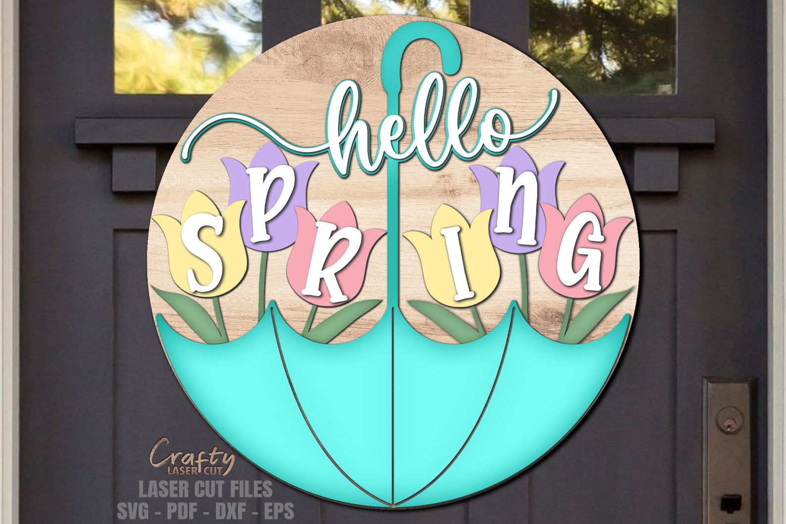 Umbrella Hello Spring Door Hanger SVG Laser Cut Files, Tulip Floral ...