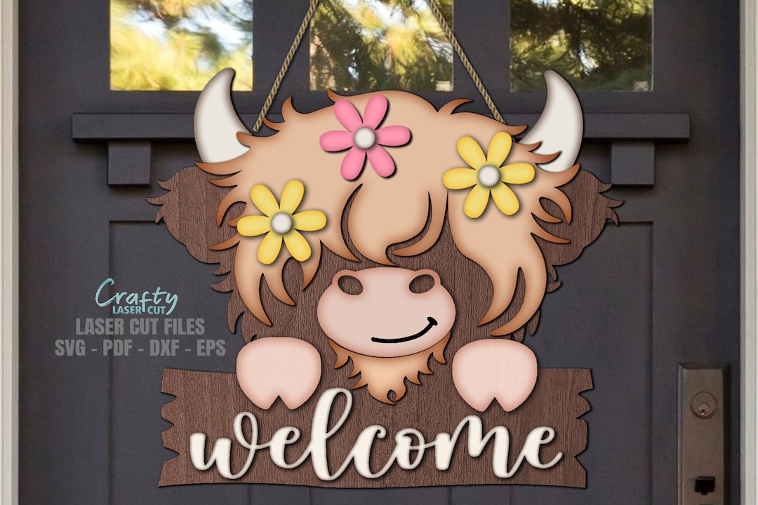 Highland Cow Welcome Sign SVG - Cow Door Hanger SVG - Laser Cut Files ...