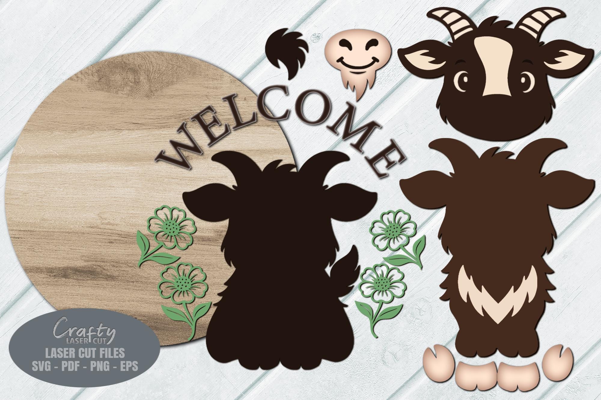 Goat Welcome Sign SVG Laser Cut Files: Floral Summer Door Hanger SVG ...