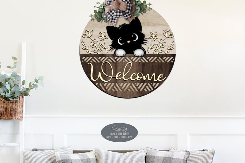 Cat Welcome Sign SVG Laser Cut Files: Floral Door Hanger SVG, Glowforge ...