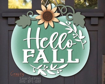 Hello Fall Door Hanger SVG, Sunflower Welcome Sign SVG, Pumpkin Door ...