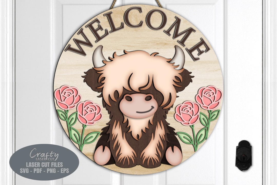 Highland Cow Welcome Sign SVG Laser Cut Files: Rose Summer Door Hanger ...