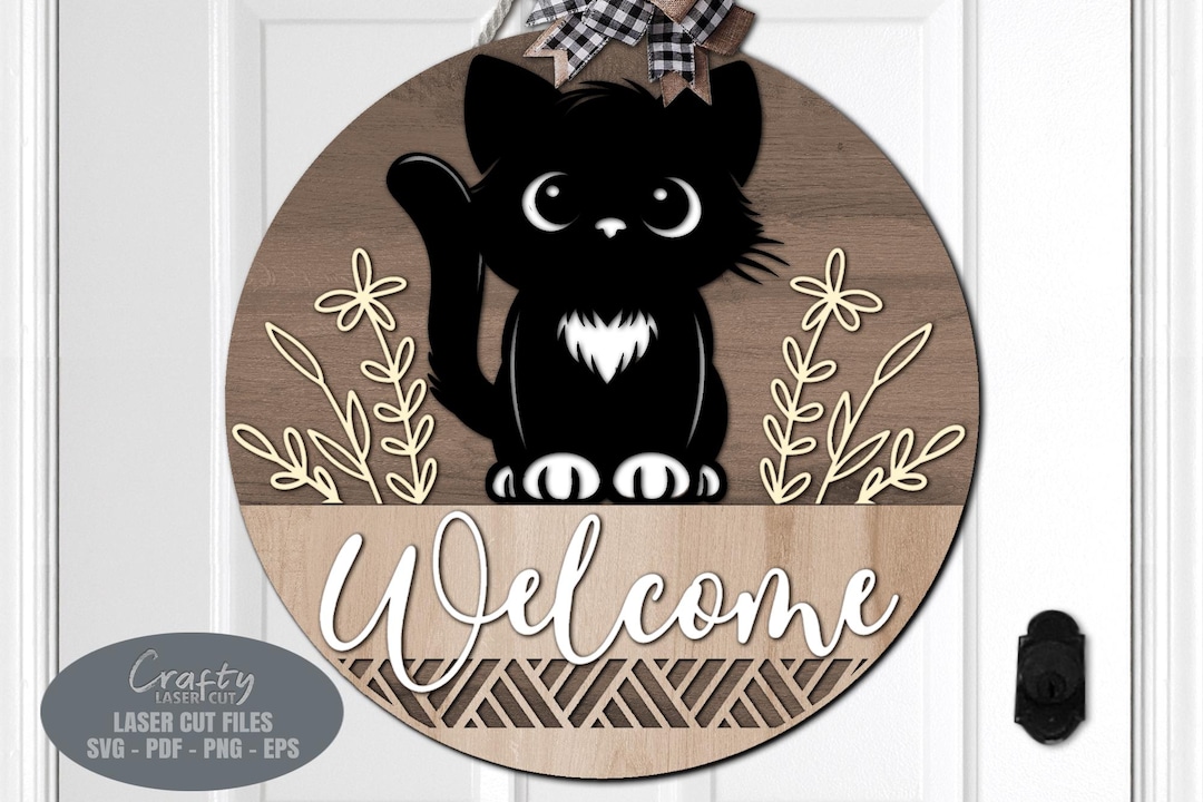 Cat Door Hanger SVG - Floral Welcome Sign SVG - Laser Cut Files - Cat ...