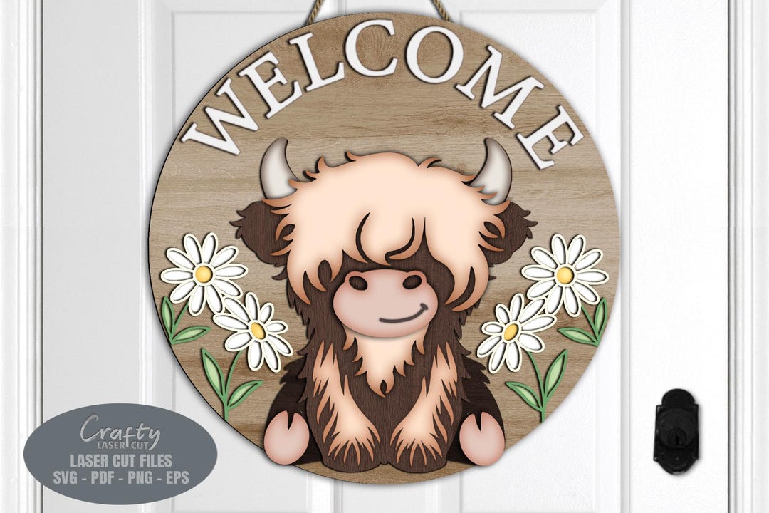 Highland Cow Welcome Sign SVG Laser Cut Files: Daisy Summer Door Hanger ...