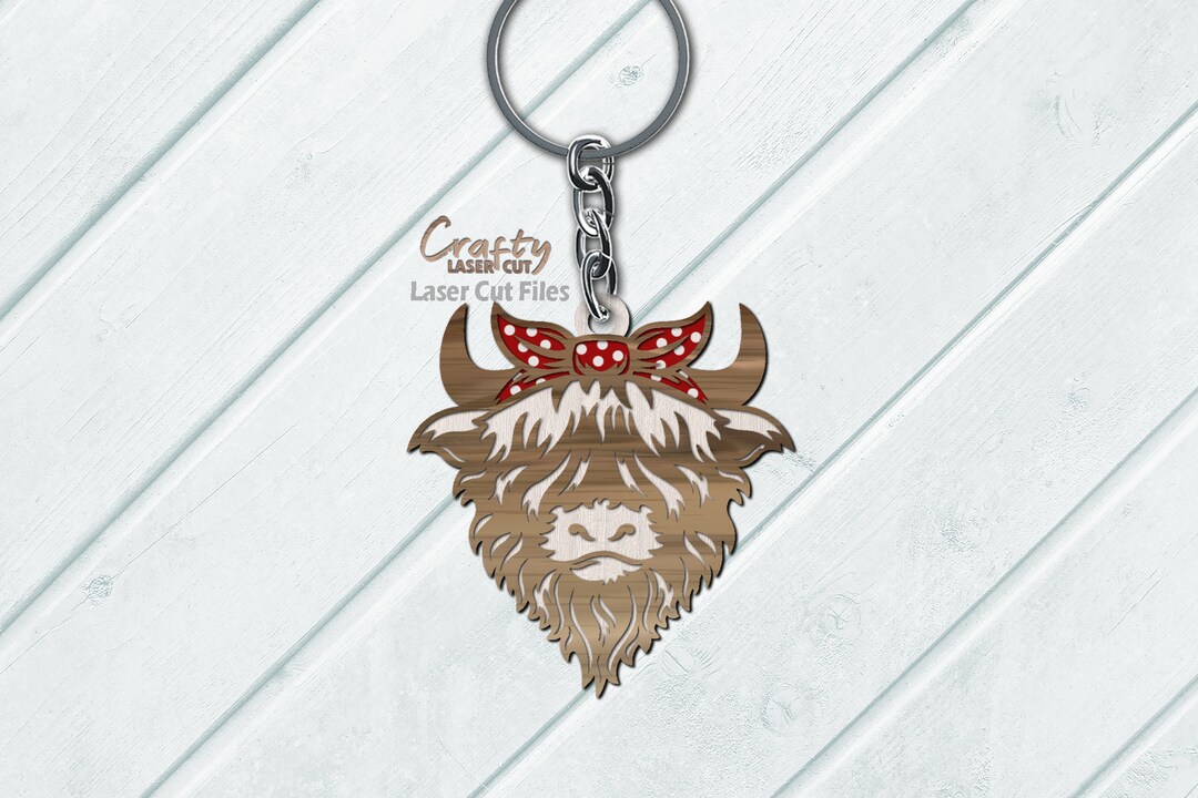 Highland Cow Keychain SVG - Laser Cut Files - Bandana SVG - Cow Head ...