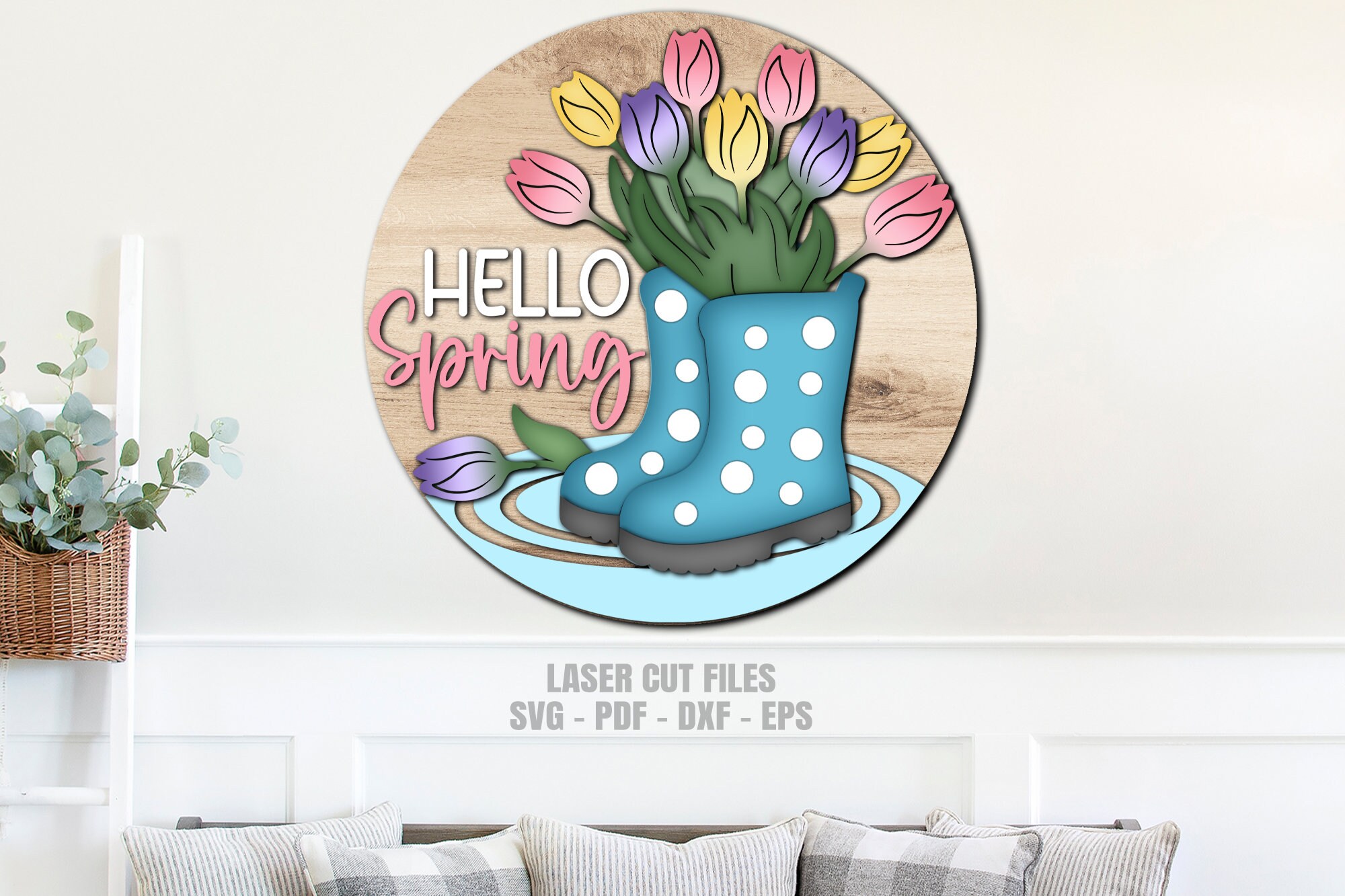 Hello Spring Rain Boots Door Hanger SVG - Spring Door Sign - Laser Cut ...
