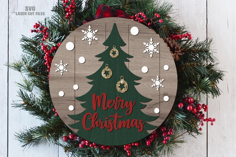 Merry Christmas Tree Door Hanger SVG Laser Cut Files: Snowflake Welcome ...