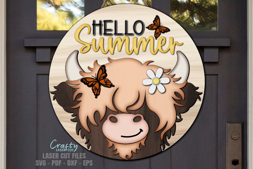 Highland Cow Door Hanger SVG - Hello Summer Svg - Laser Cut Files ...