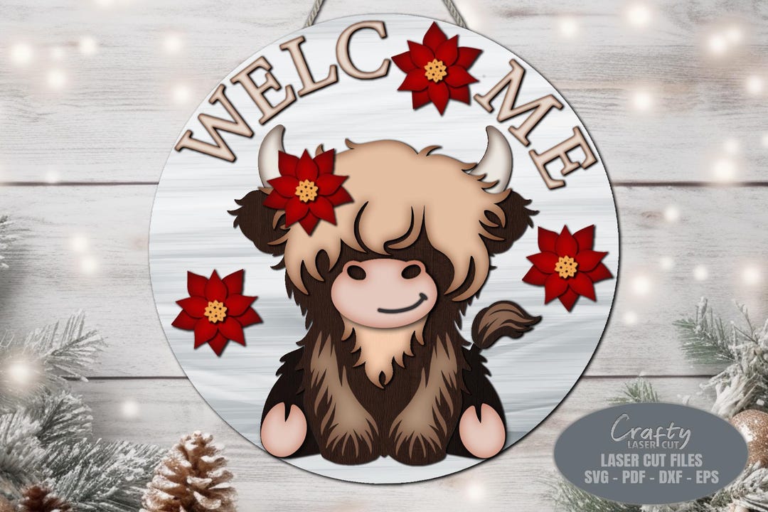 Highland Cow Door Hanger SVG - Christmas SVG - Welcome Sign SVG - Laser ...