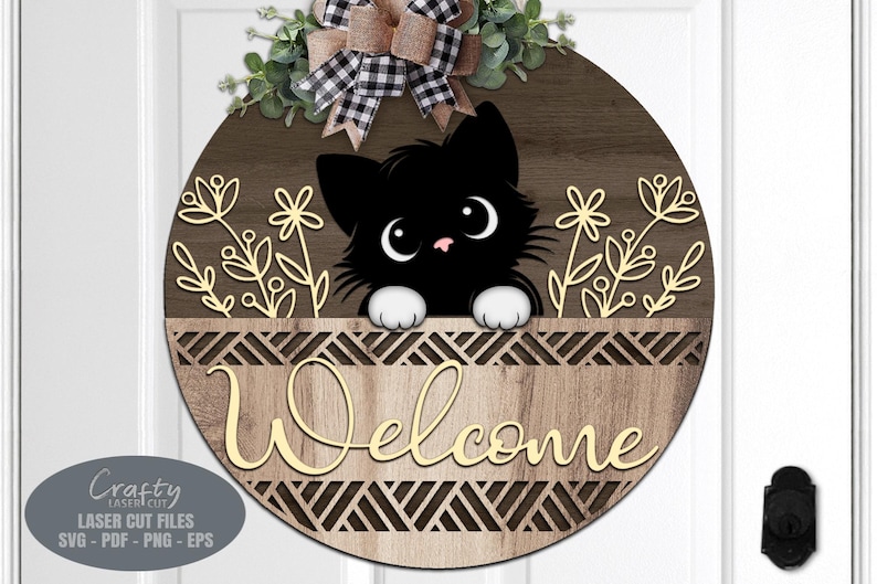 Cat Welcome Sign SVG Laser Cut Files: Floral Door Hanger SVG, Glowforge ...