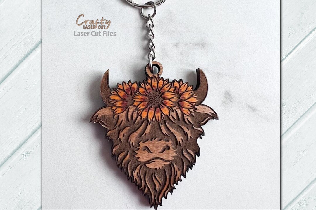 Highland Cow Keychain SVG - Laser Cut Files - Sunflower SVG - Cow Head ...
