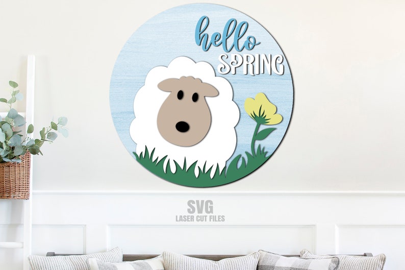 Spring Door Hanger Svg Laser Cut Files Hello Spring Round Etsy