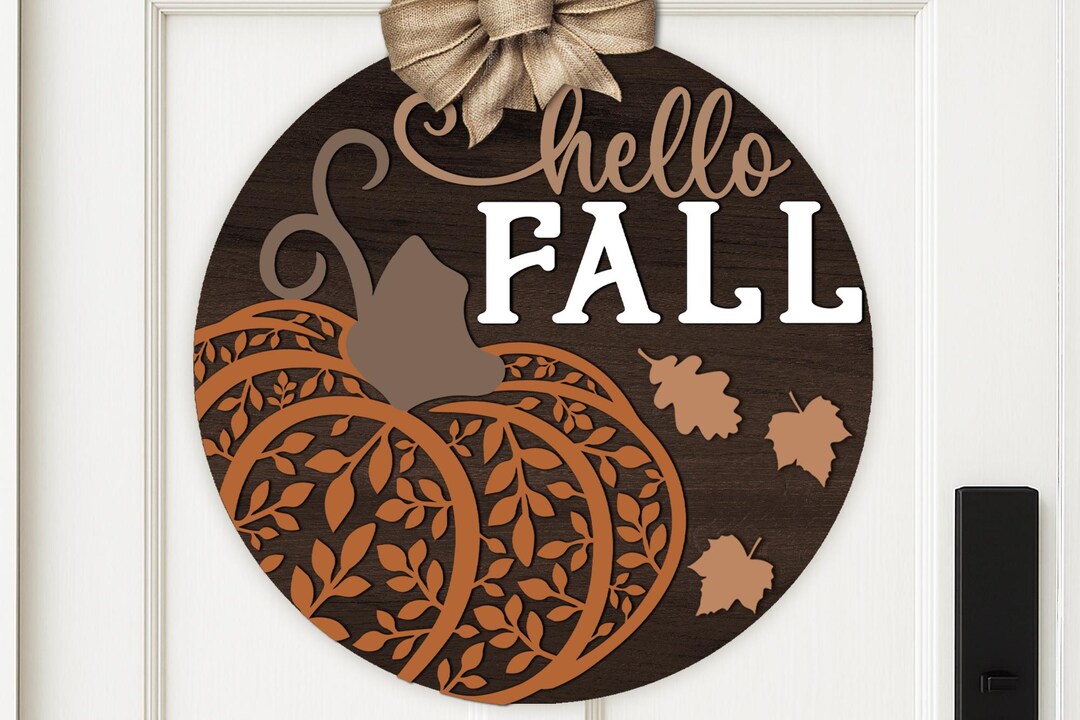 Hello Fall Door Hanger SVG Laser Cut Files: Floral Pumpkin Welcome Sign ...