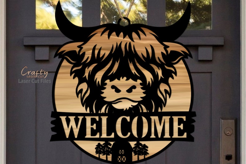 Highland Cow Svg Laser Cut Files Cow Door Hanger Welcome Etsy