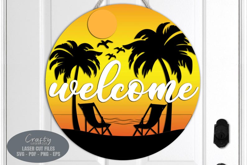 Beach Door Hanger SVG Laser Cut Files: Coastal Sunset Welcome Sign SVG ...