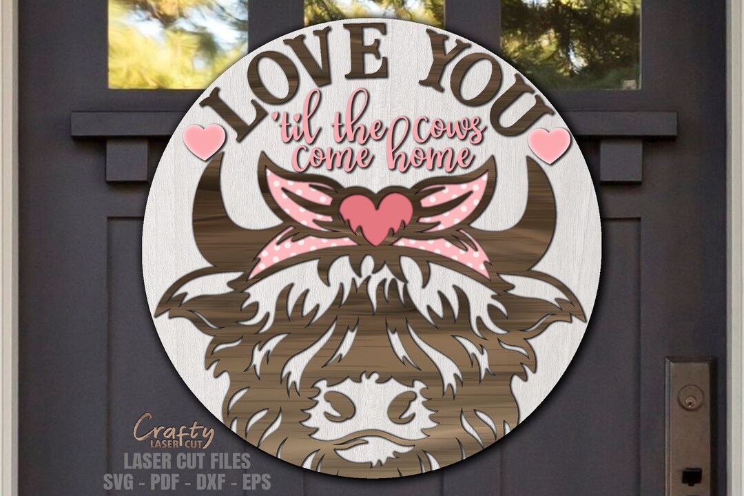 Highland Cow Valentine Door Hanger SVG - Laser Cut Files - Highland Cow ...