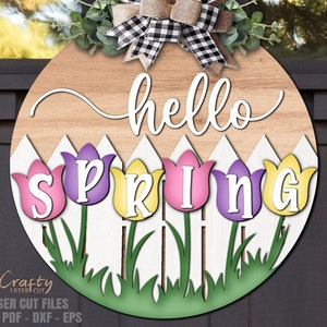 Hello Spring Tulip Door Hanger SVG - Spring Welcome Sign Svg - Spring ...