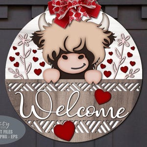 Valentine Door Hanger SVG - Highland Cow SVG - Floral Welcome Sign SVG ...