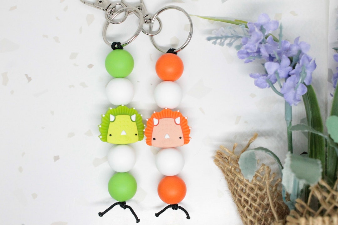 Green Dinosaur Silicone Beaded Keychain, Dino Keychain, Orange Dinosaur ...