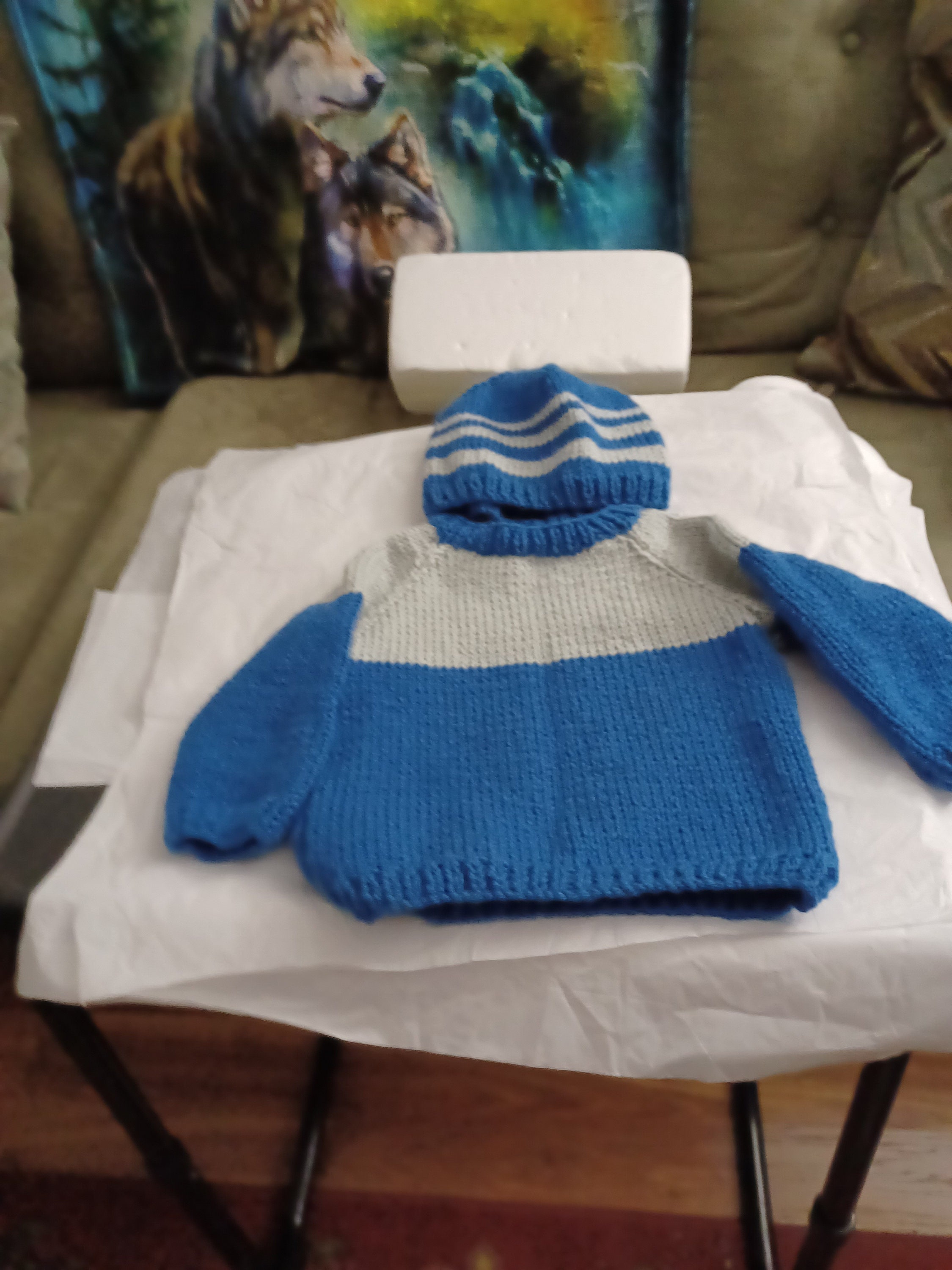 Hand Knitted Azure and Light Grey Block Toddlers Sweater With Beanie ...