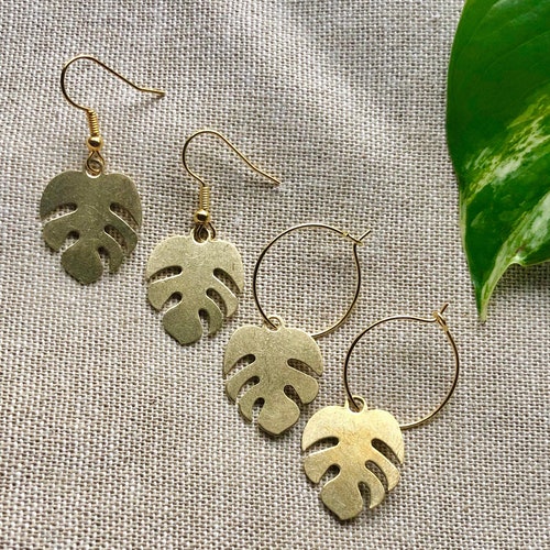 Solid Gold Monstera Leaf Earrings / Plant Lover Studs / - Etsy