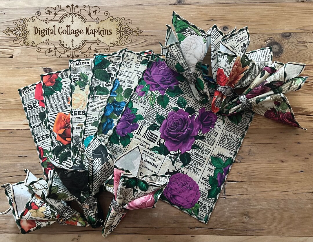 Digital Collage Napkins With Newspaper Floral Theme - Etsy