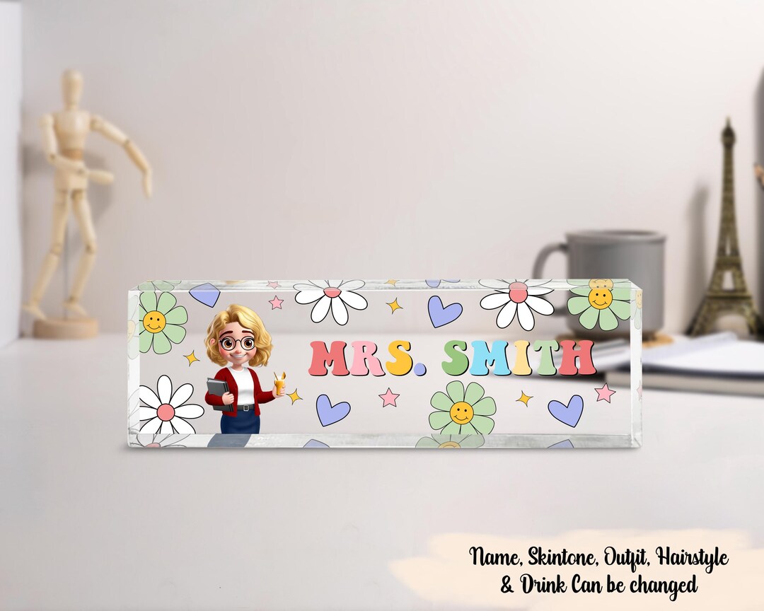 Text Pattern Groovy Retro Teacher Name - Personalized Desk Name Plate ...