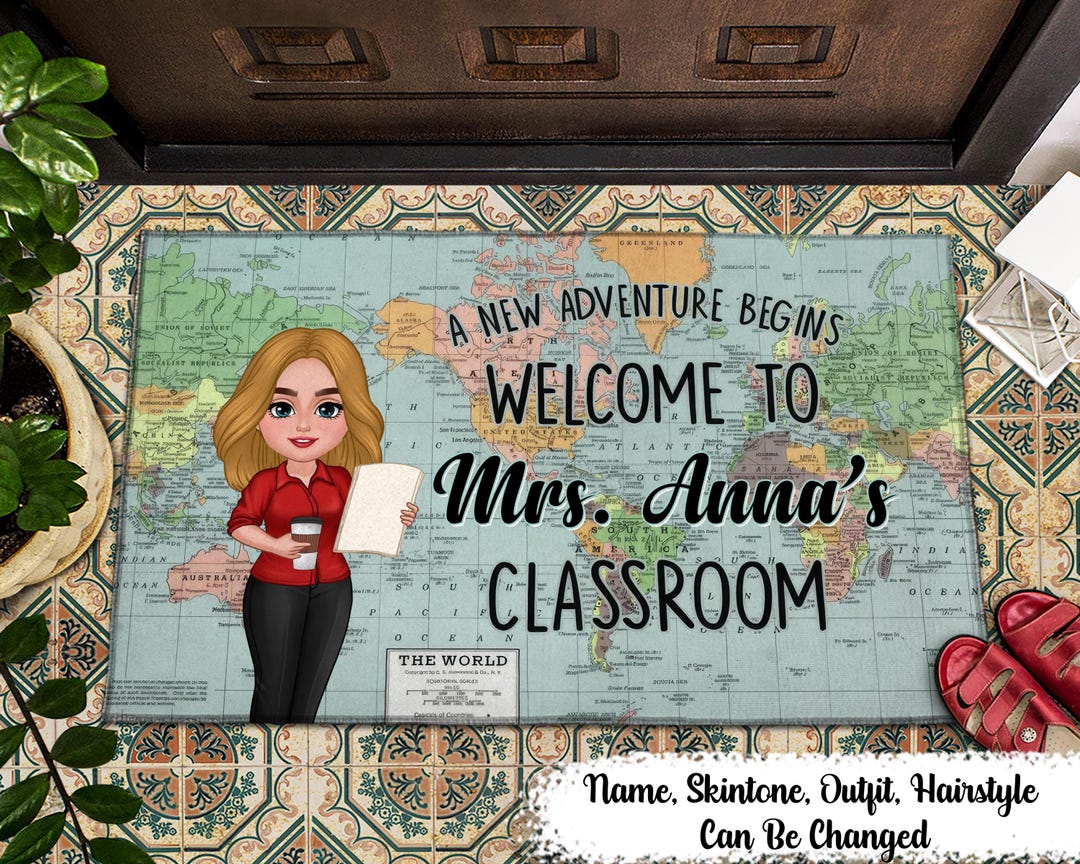 World Map Adventure Themed Welcome to Classroom Personalized Doormat ...