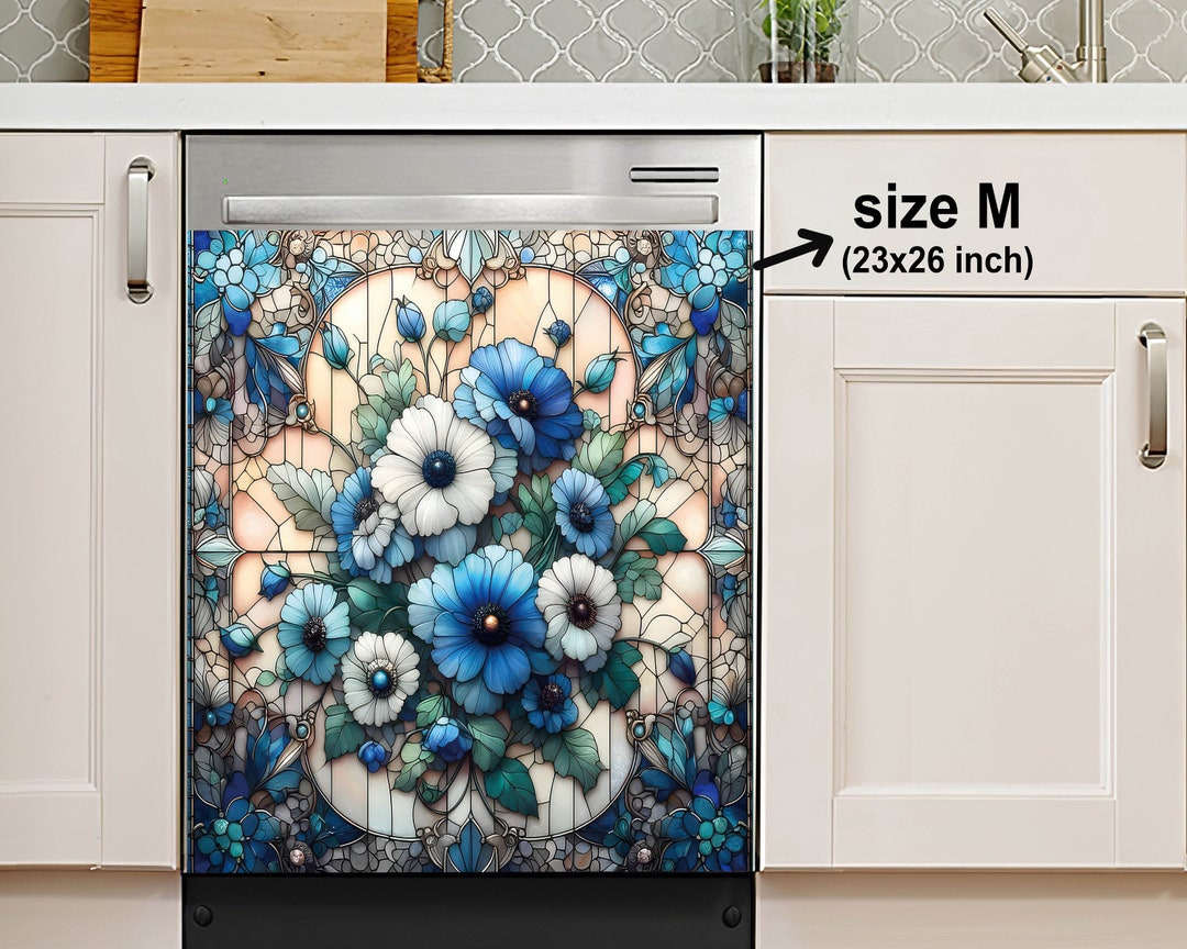 Stained Glass Window With Blue Flowers Dishwasher Cover, Dishwasher ...