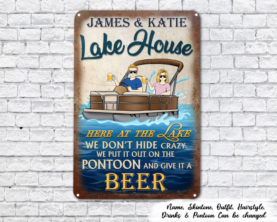 Here at the Lake Pontoon Husband Wife Couple - Lake House Sign ...