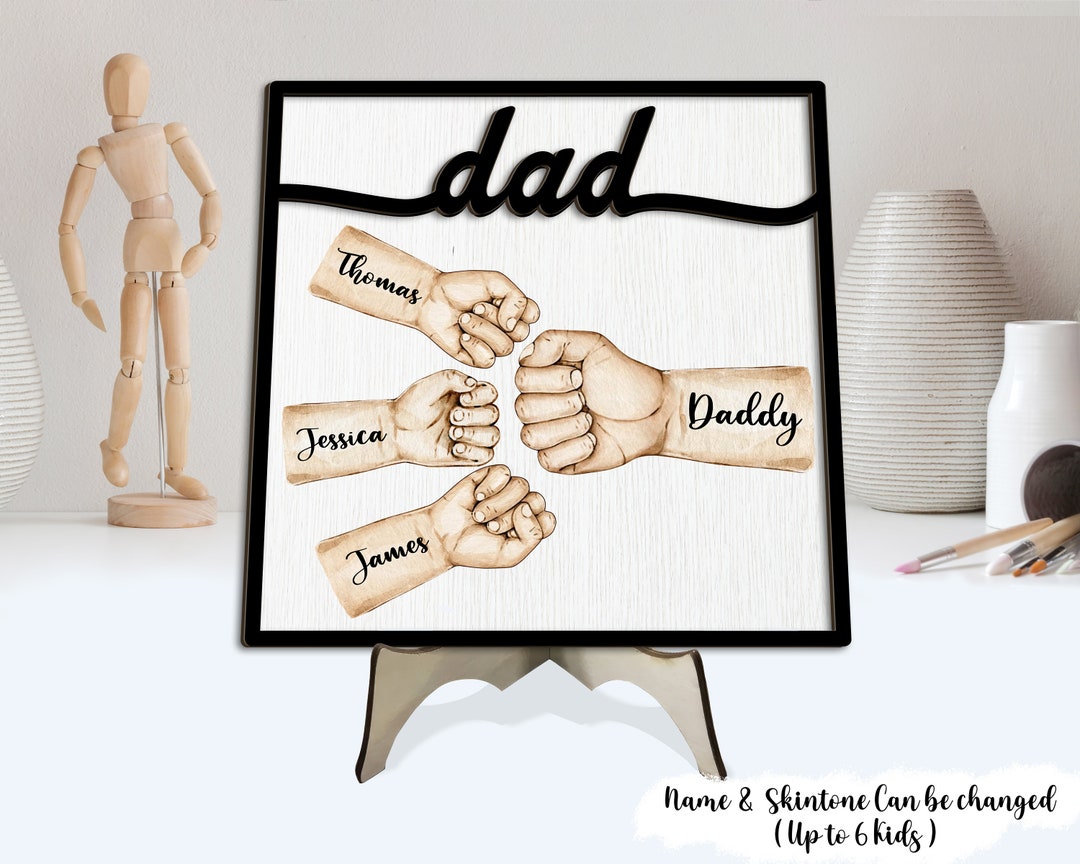 Dad Fist Bump With Kids Names Personalized Custom 2-layer Wooden Plaque ...