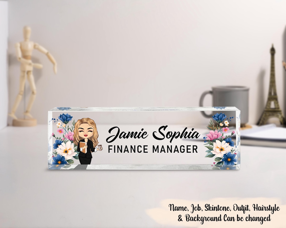 Woman Man Office Floral Job Title - Personalized Desk Name Plate, CEO ...