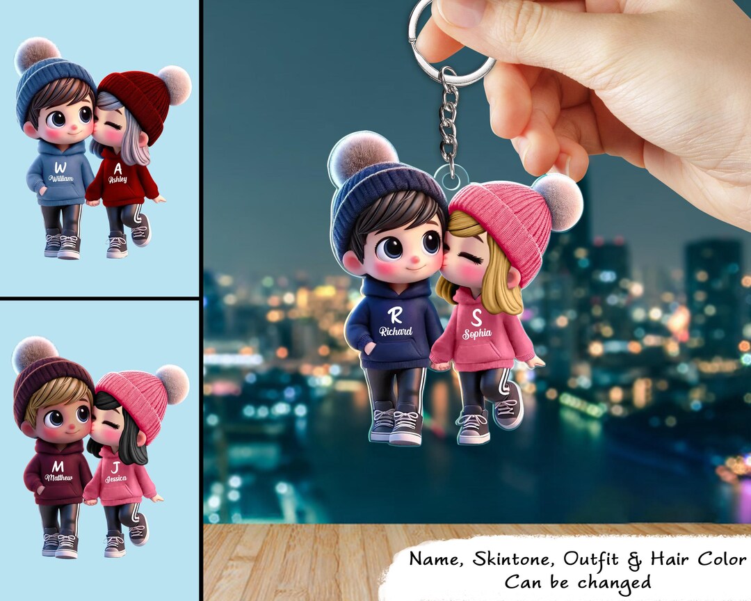Cute Cartoon Couple Walking Personalized Acrylic Keychain, Gift for Him ...