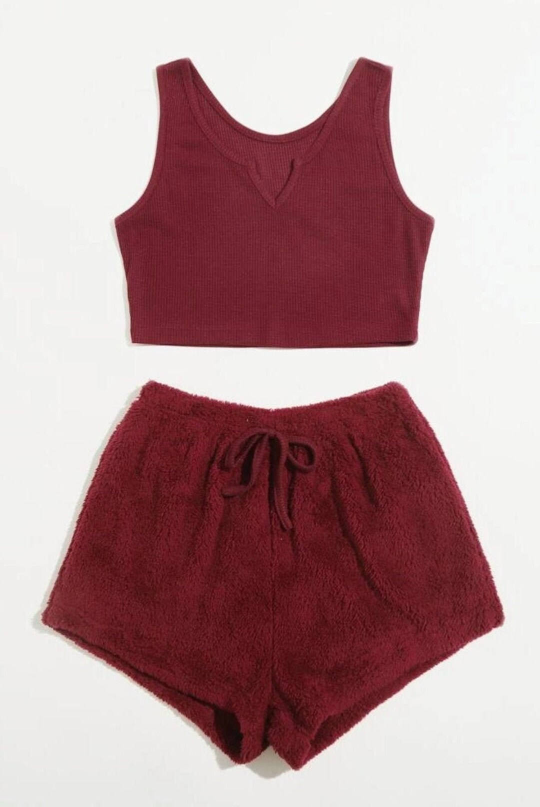 Burgundy Crop Top 2 Peice Set, Fuzzy Shorts, 2 Peice Sets, Pajamas ...