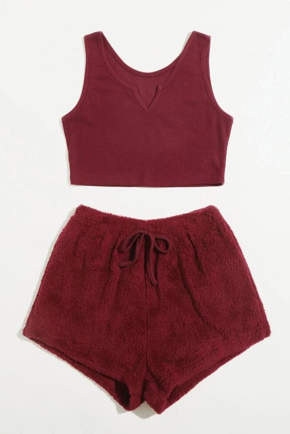 Burgundy Crop Top 2 Peice Set, Fuzzy Shorts, 2 Peice Sets, Pajamas ...