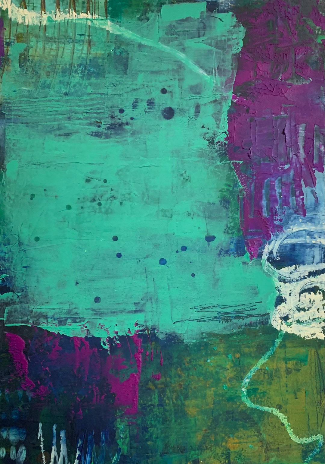 Green Abstract Painting in Oil and Cold Wax on Paper, Purple and Cream ...