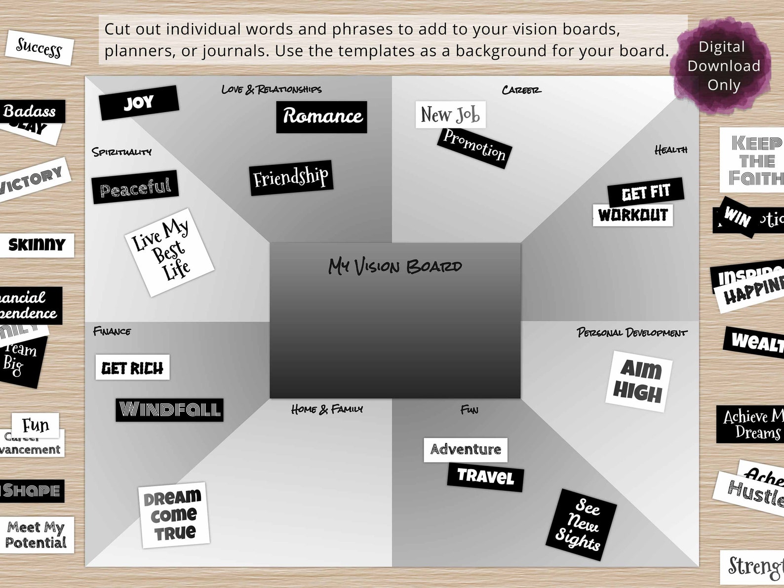 Vision Board Kit With Positive Words and Template, Digital Vision Board ...