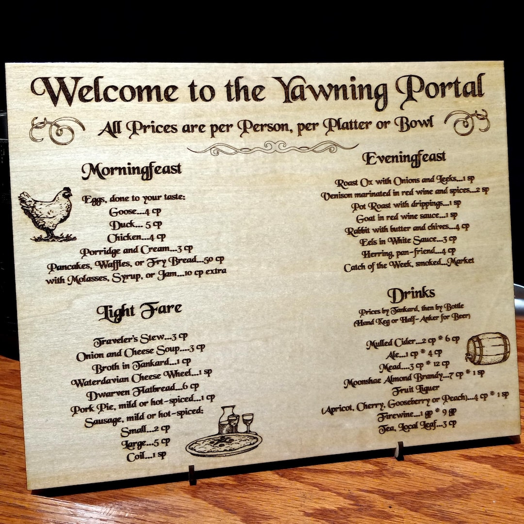 Yawning Portal Tavern Menu and Price List, Dungeons and Dragons Prop ...