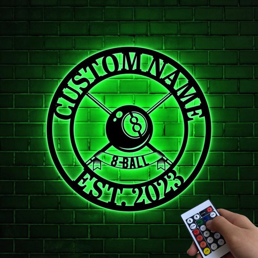 8 Ball Billiards Metal Wall Art With LED Light – Custom Pool Room Decor ...