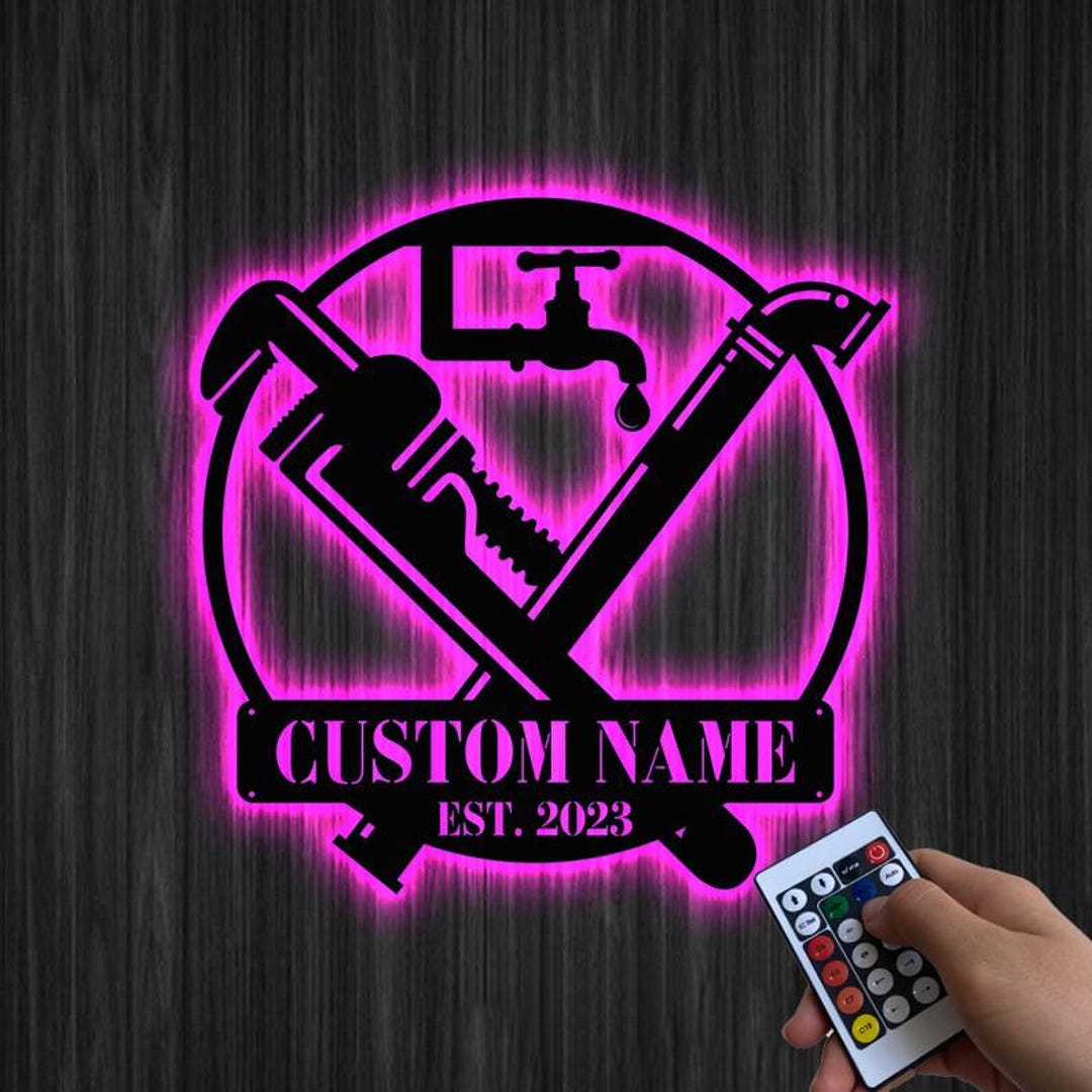 Custom Plumbing Metal Wall Art LED Light Personalized Plumber Name Sign ...