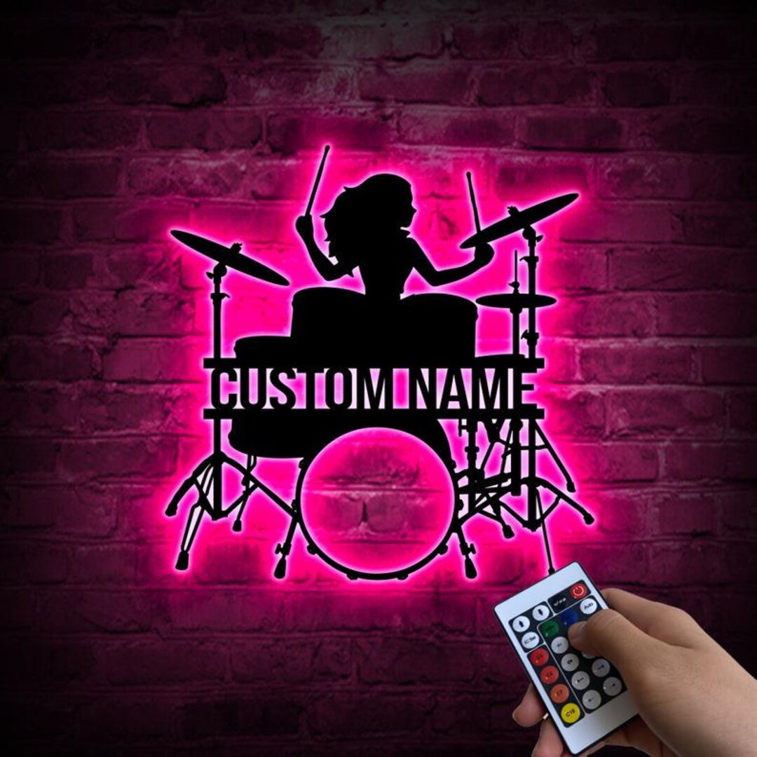 Personalized Female Drummer LED Metal Sign - Custom Name Music Room ...