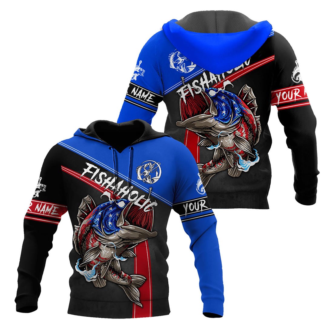Custom Fishaholic Fishing Hoodie, Patriotic Bass Fish Pullover With ...