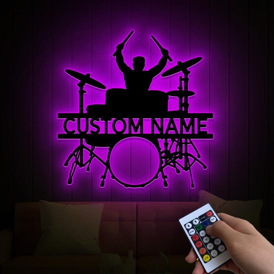 Custom Drummer Name Metal Wall Art With LED Lights, Drummer Sign, Music ...