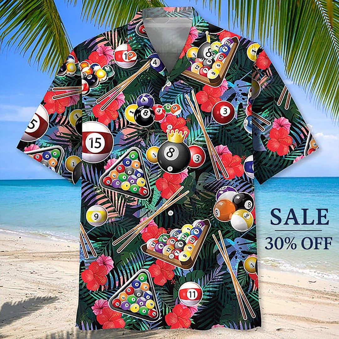 Billiard Themed Hawaiian Shirt for Men – Tropical Pool Balls and Cues ...