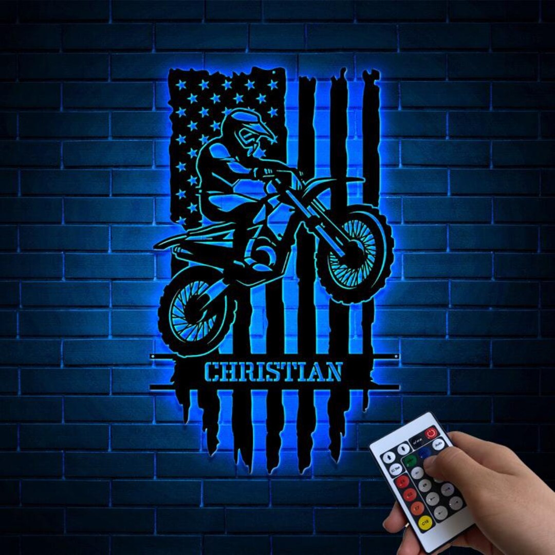 Custom US Flag Biker Metal Sign With LED Light, Dirt Bike Sign, Perfect ...