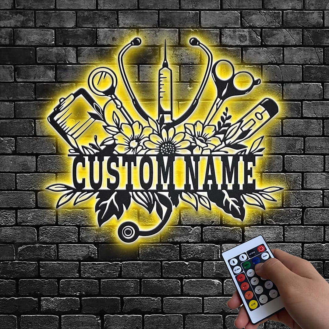 Custom Nurse Floral Frame Metal Wall Art With LED RGB Light ...